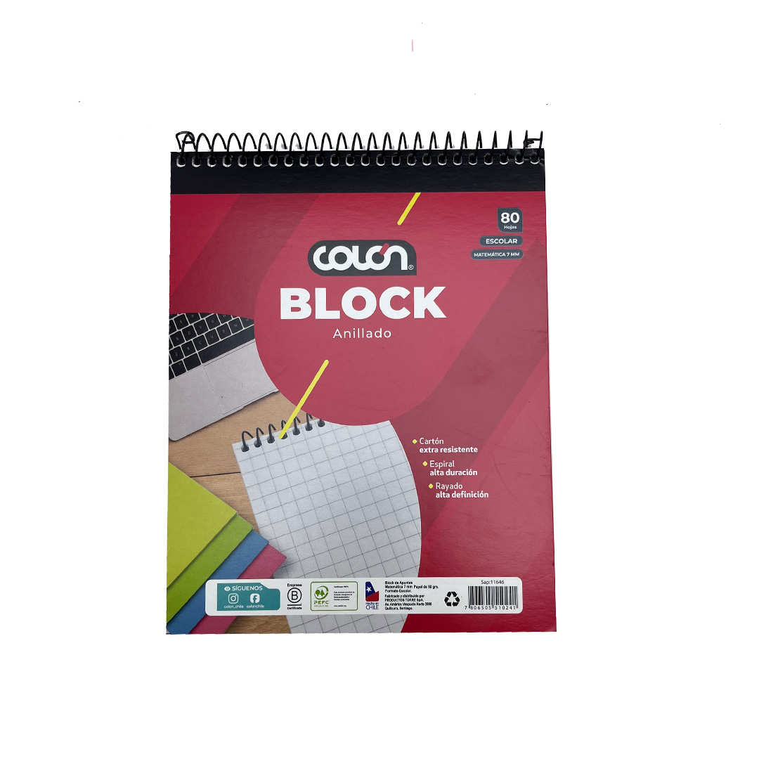 BLOCK CON ESPIRAL ESCOLAR 80 HOJAS 7MM COLON